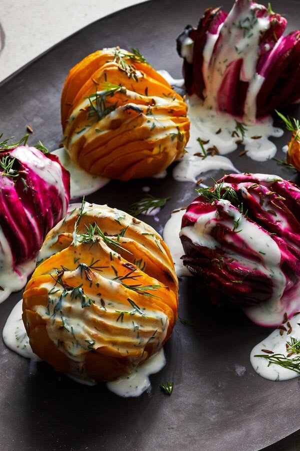 Hasselback Beets with Tangy Dill Sauce and Caraway