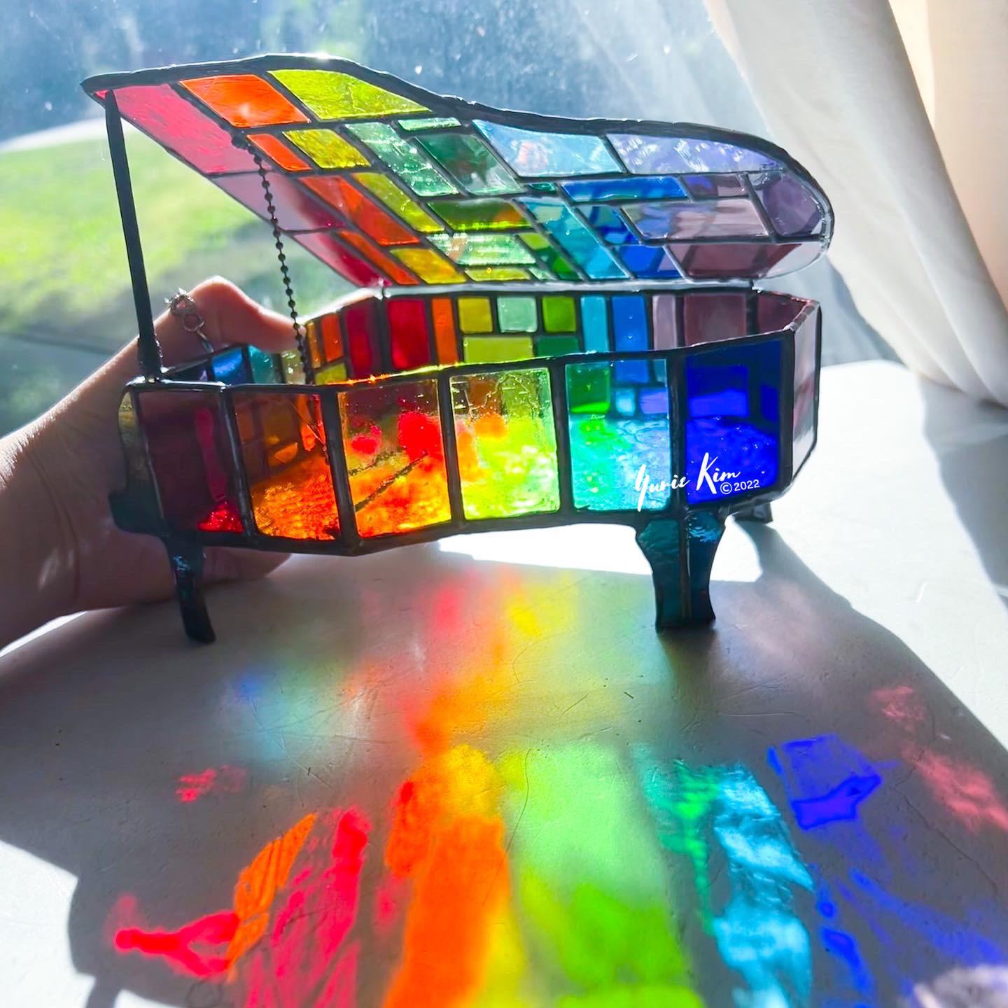 Stained glass rainbow piano functional box with hand for scale! I ...
