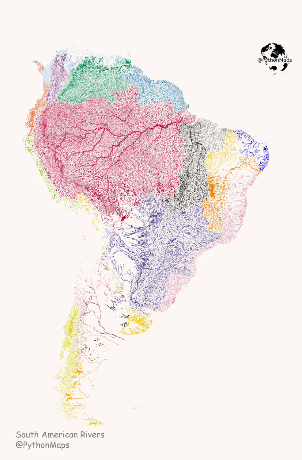 Rivers of S.America, coloured according to the major hydrological ...