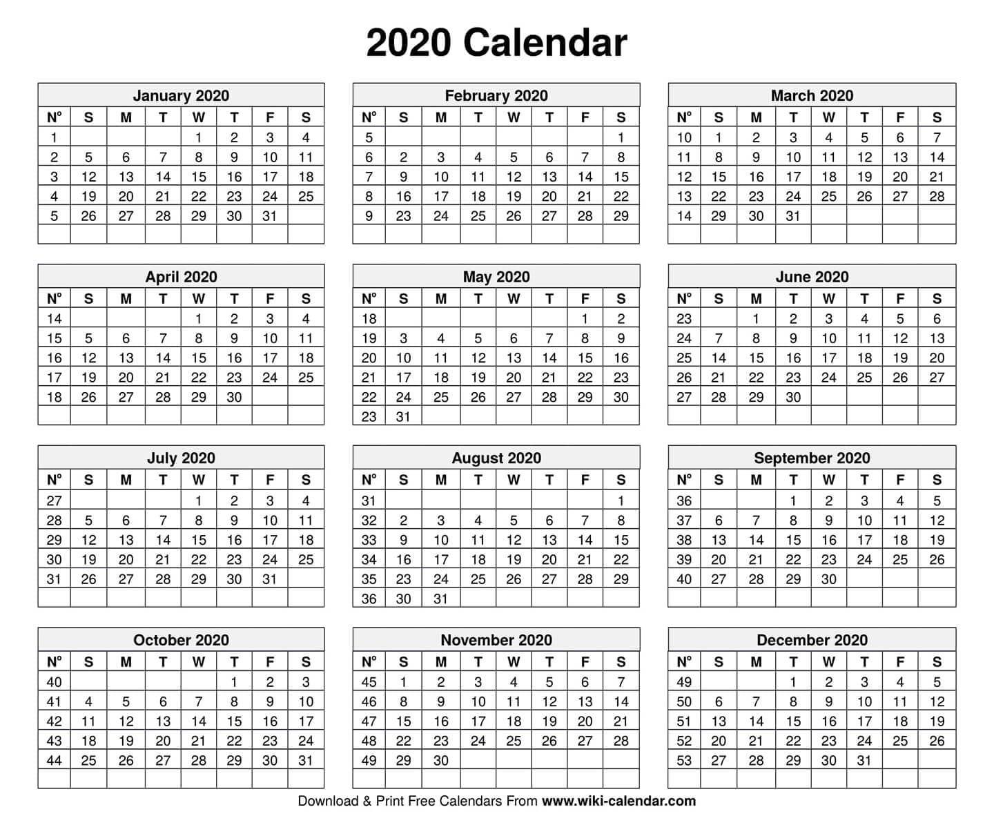 Free Printable Year 2020 Calendar - Wiki-Calendar.Com
