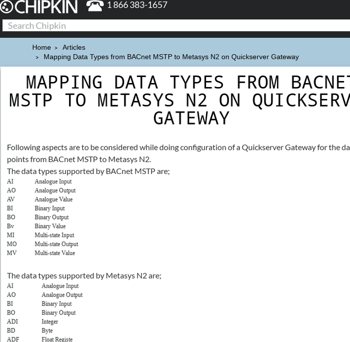 Mapping Data Types from BACnet MSTP to Metasys N2 on Quickserver Gateway