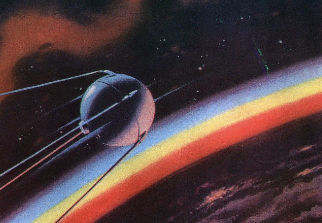 Soviet space art by Valentin Viktorov, picturing Sputnik 1 in Earth ...