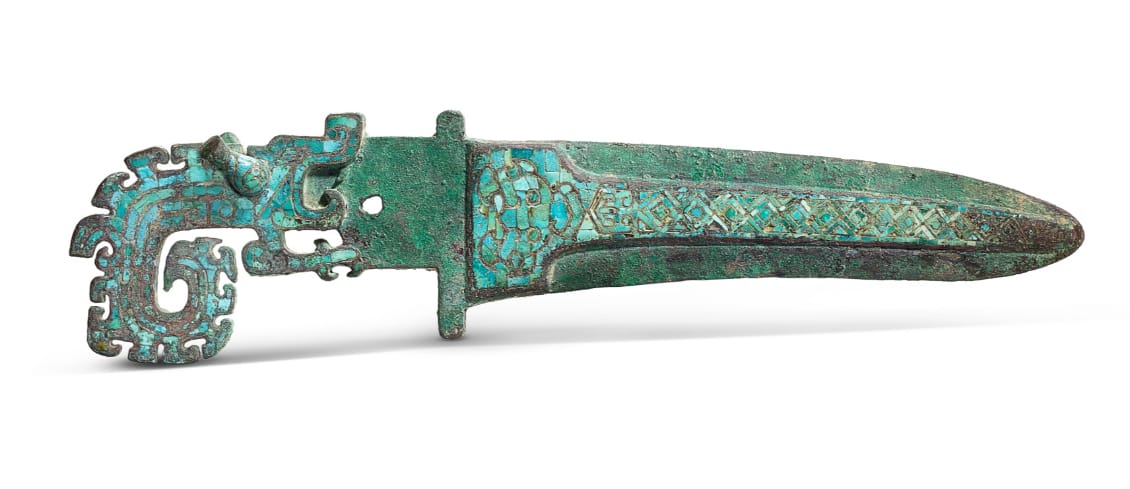 Turqouise inlaid bronze dagger axe (ge), China, Late Shang Dynasty 12th ...