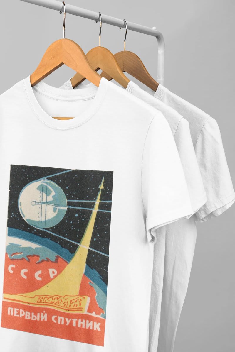 This shirt features a Soviet matchbox illustration celebrating Sputnik ...