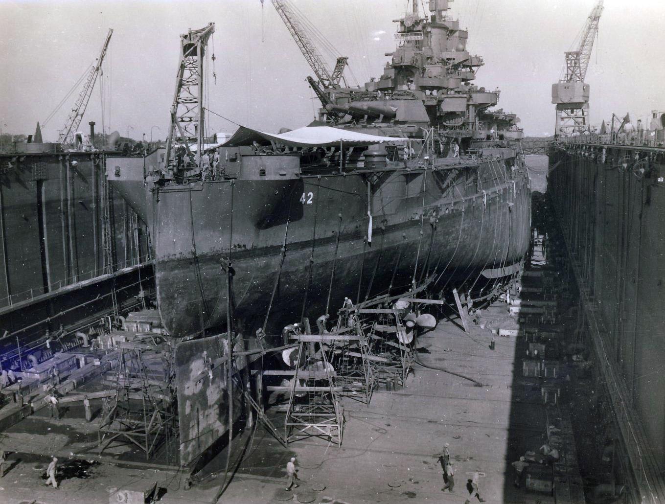 USS Idaho (BB-42) in a floating dry dock at Guam, May 1945