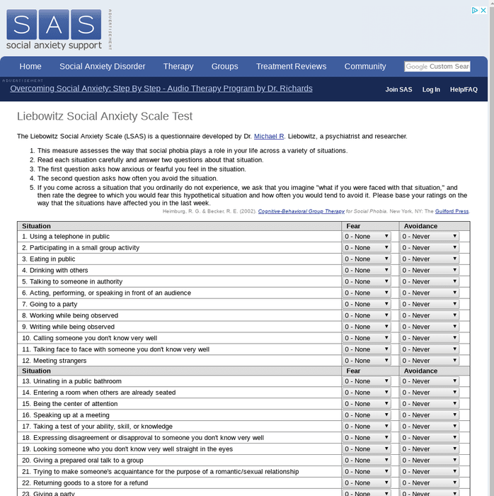 Liebowitz Social Anxiety Scale Test - SAS
