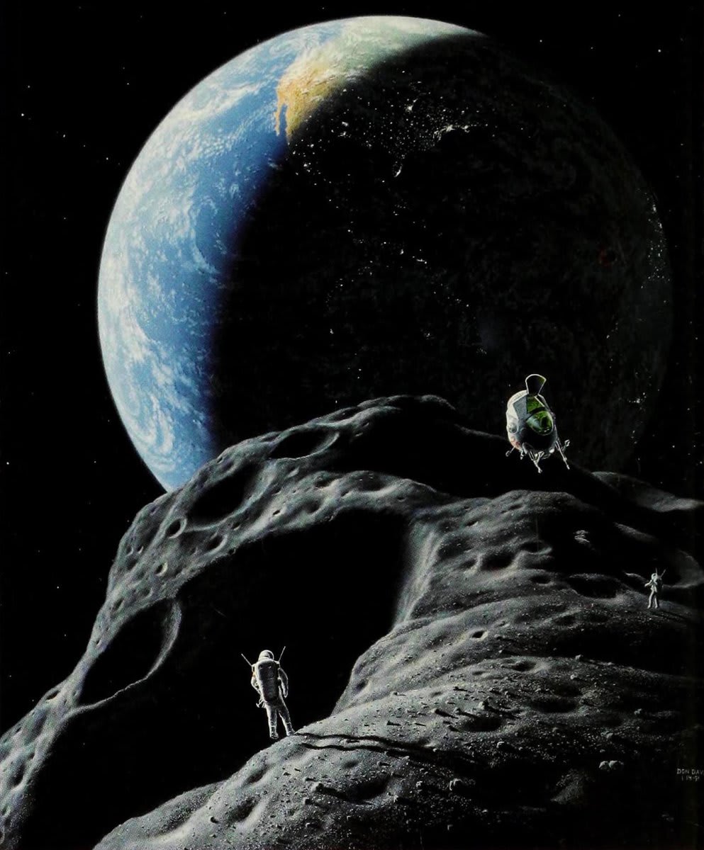 Astronauts look back at Earth from a passing asteroid, painted by Don ...