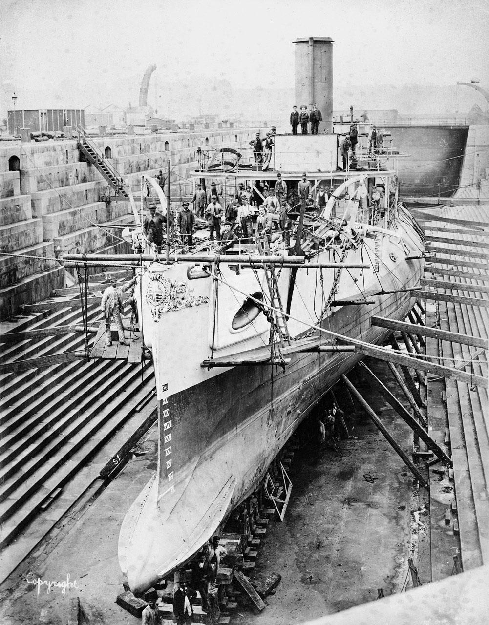 The torpedo ram HMS Polyphemus in drydock at Malta, 1881.