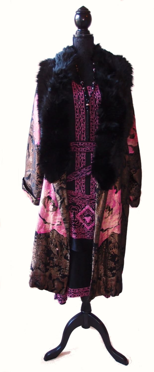 Lamé coat with with rose motif and fur collar, Mandel Brothers label ...