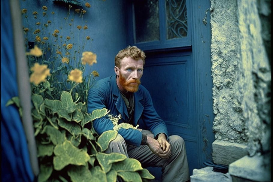 Colorized photo of Vincent van Gogh at his home in Arles in 1869.