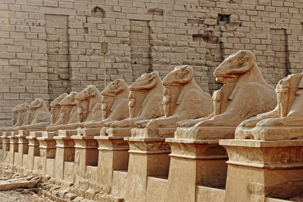 Grand Avenue of Rams Stone ram-headed sphinx sculptures, one of the ...