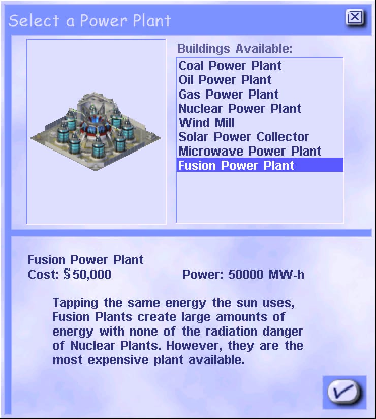 SimCity 3000 Select a Power Plant