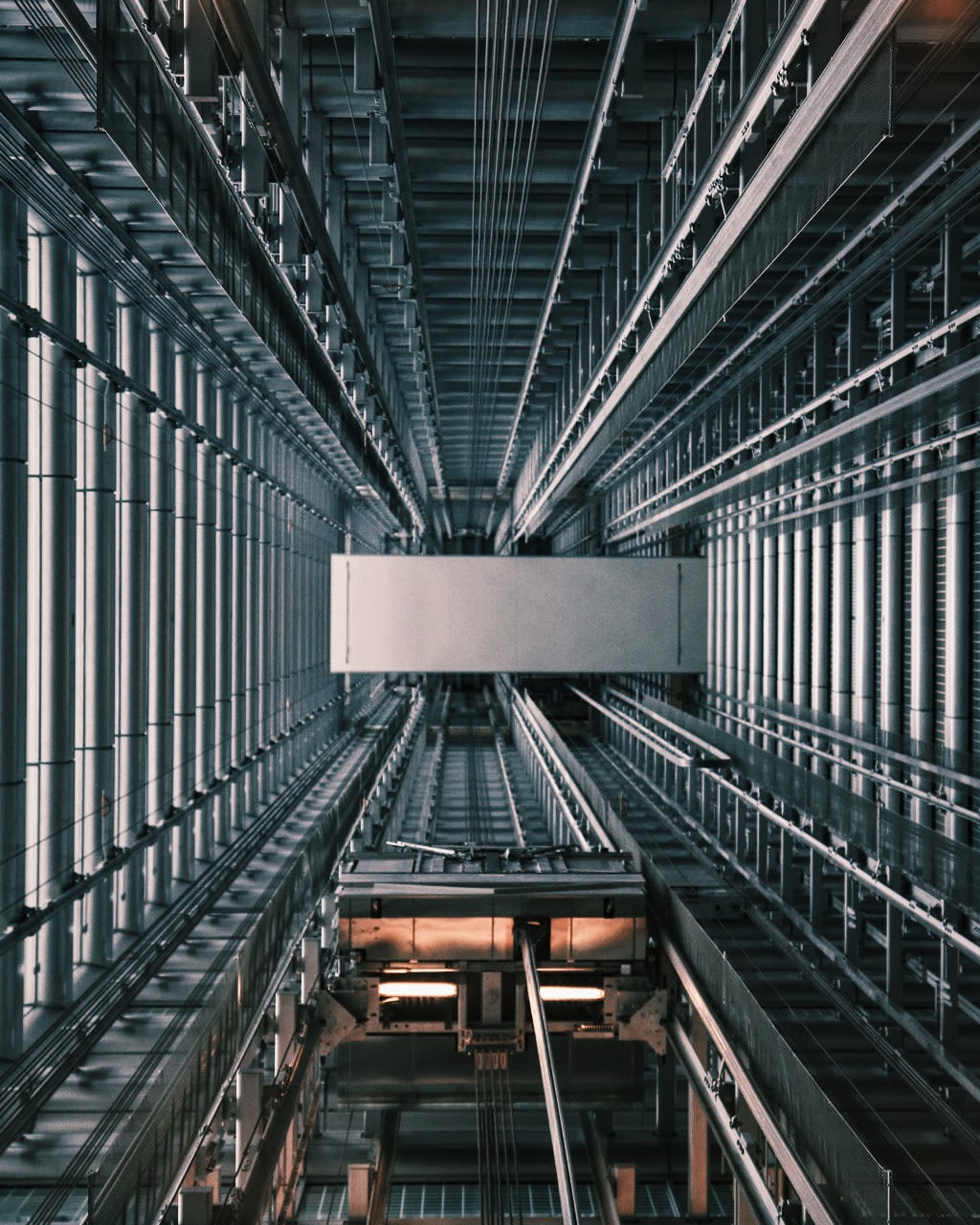 Elevator shaft, looking up.