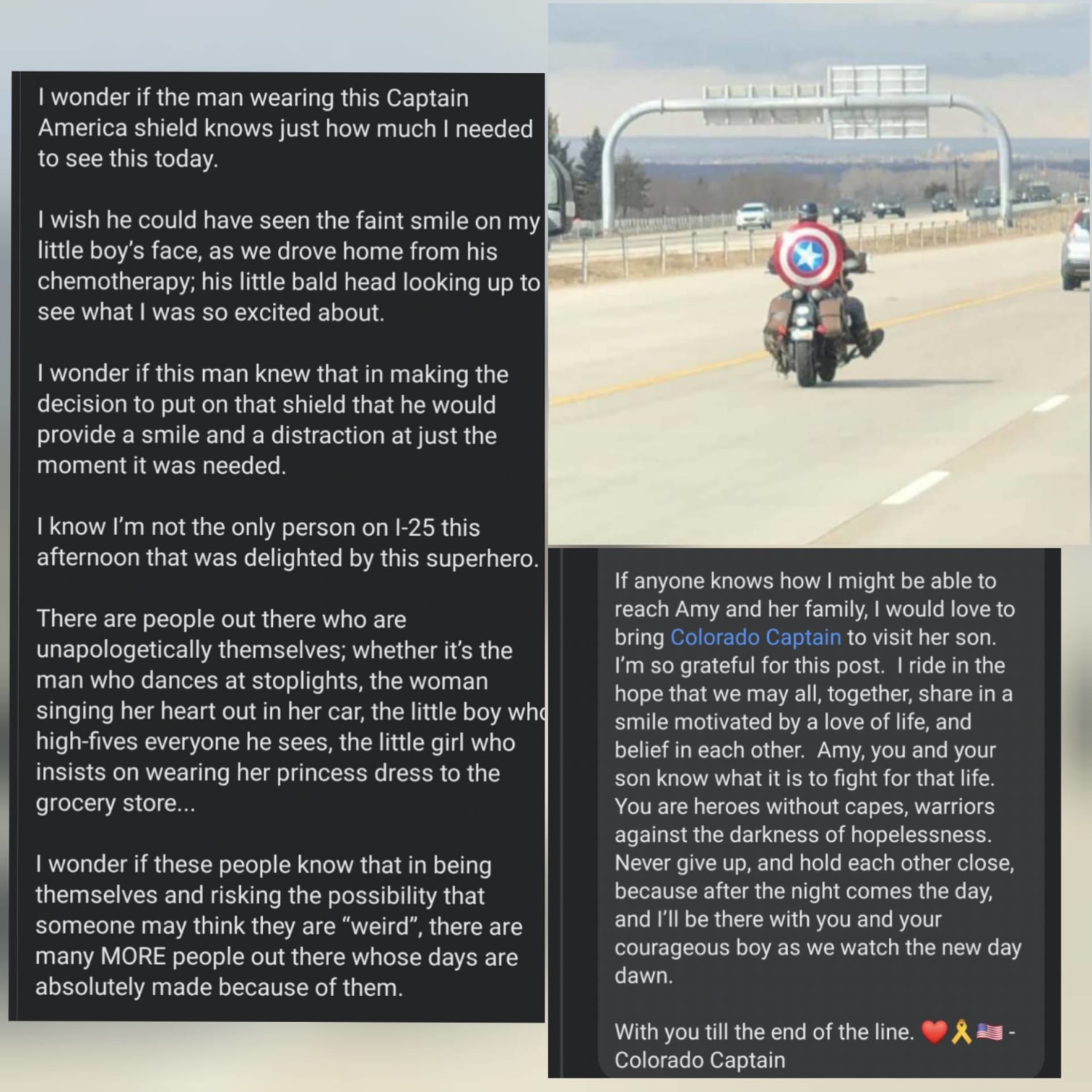 Driving her son home from chemotherapy woman sees guy with Captain ...