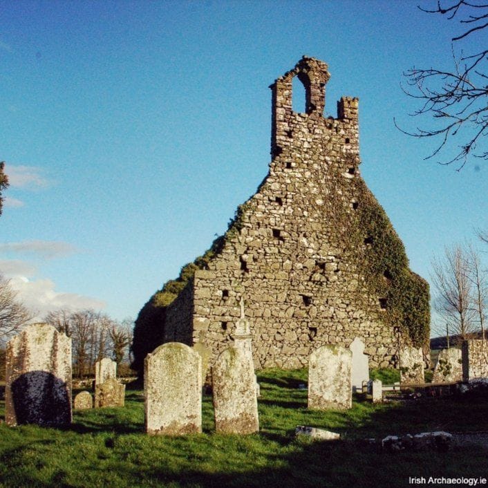 Late evening sunlight illuminates the ruins of a medieval church at ...