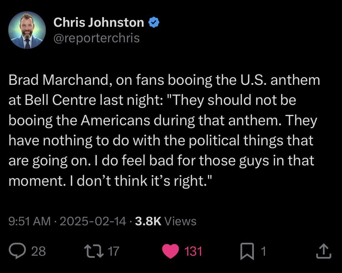 [Johnston] Brad Marchand, on fans booing the U.S. anthem at Bell Centre ...