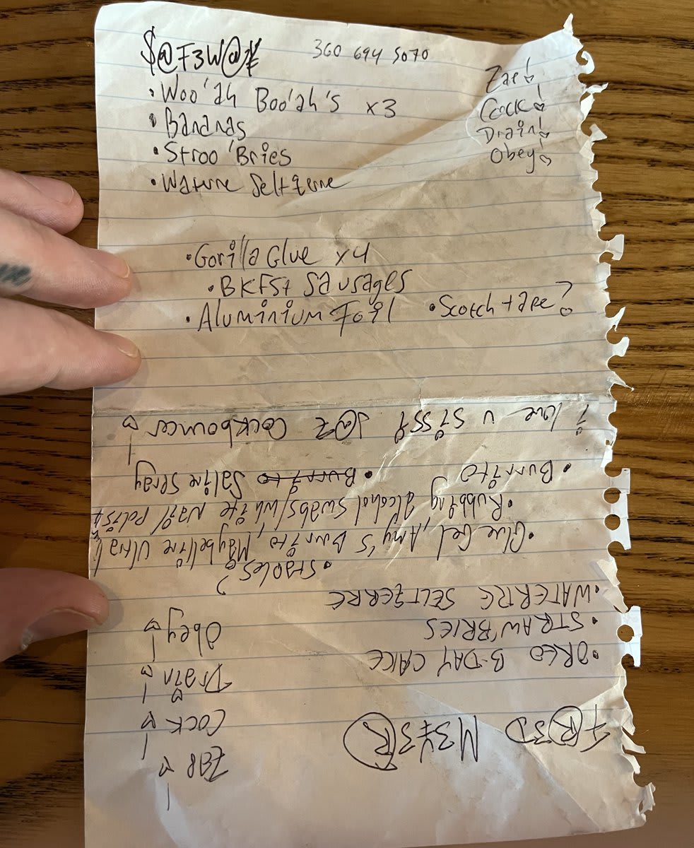 This note was just dropped by someone leaving the bar and we are all ...