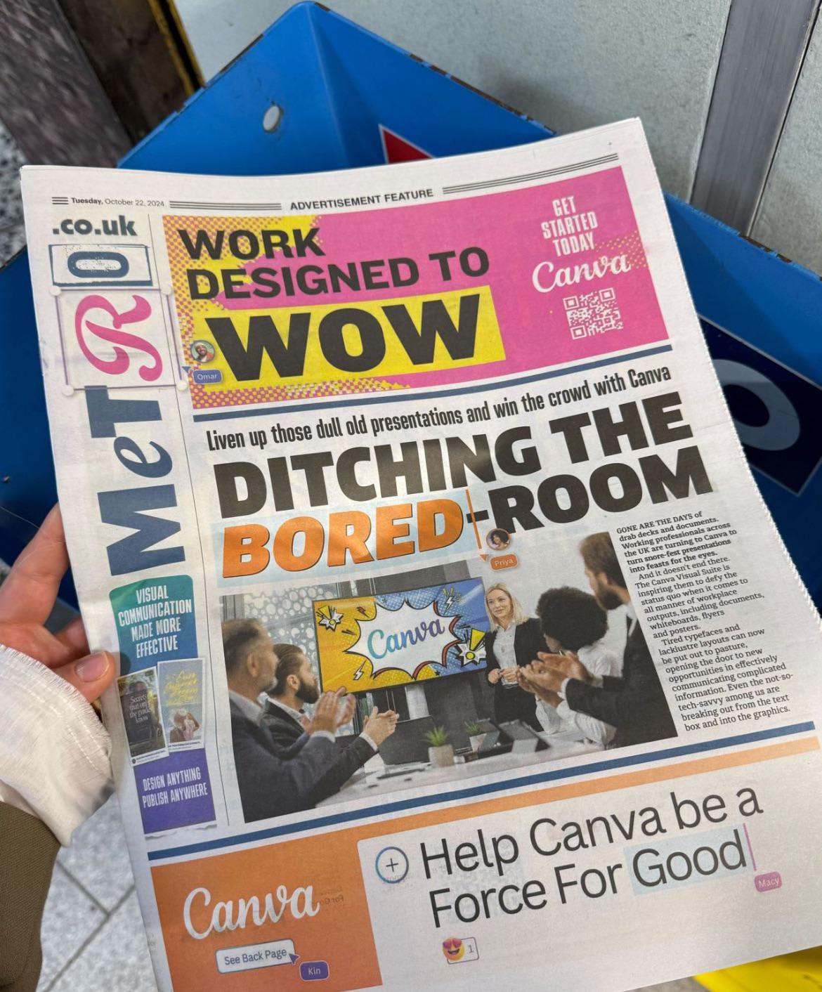 Thoughts on the Canva front page in The Metro?