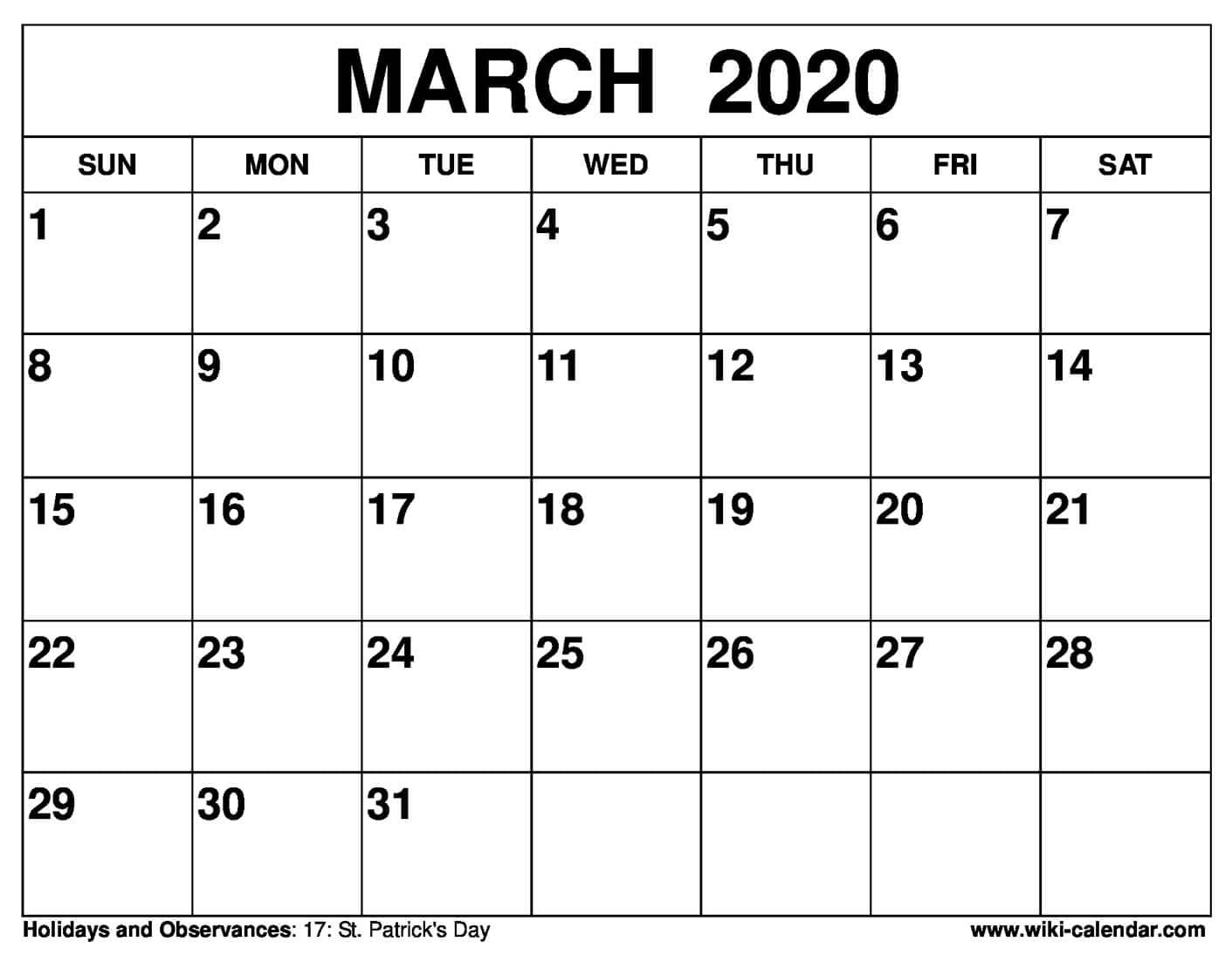 Free Printable March 2020 Calendar - Wiki-Calendar.Com