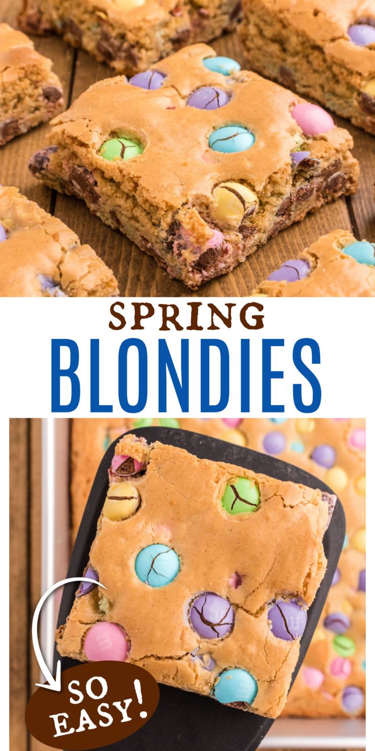 Easter Blondies filled with pastel candy! Chewy blondie recipe with festive m&m's or mini eggs ...