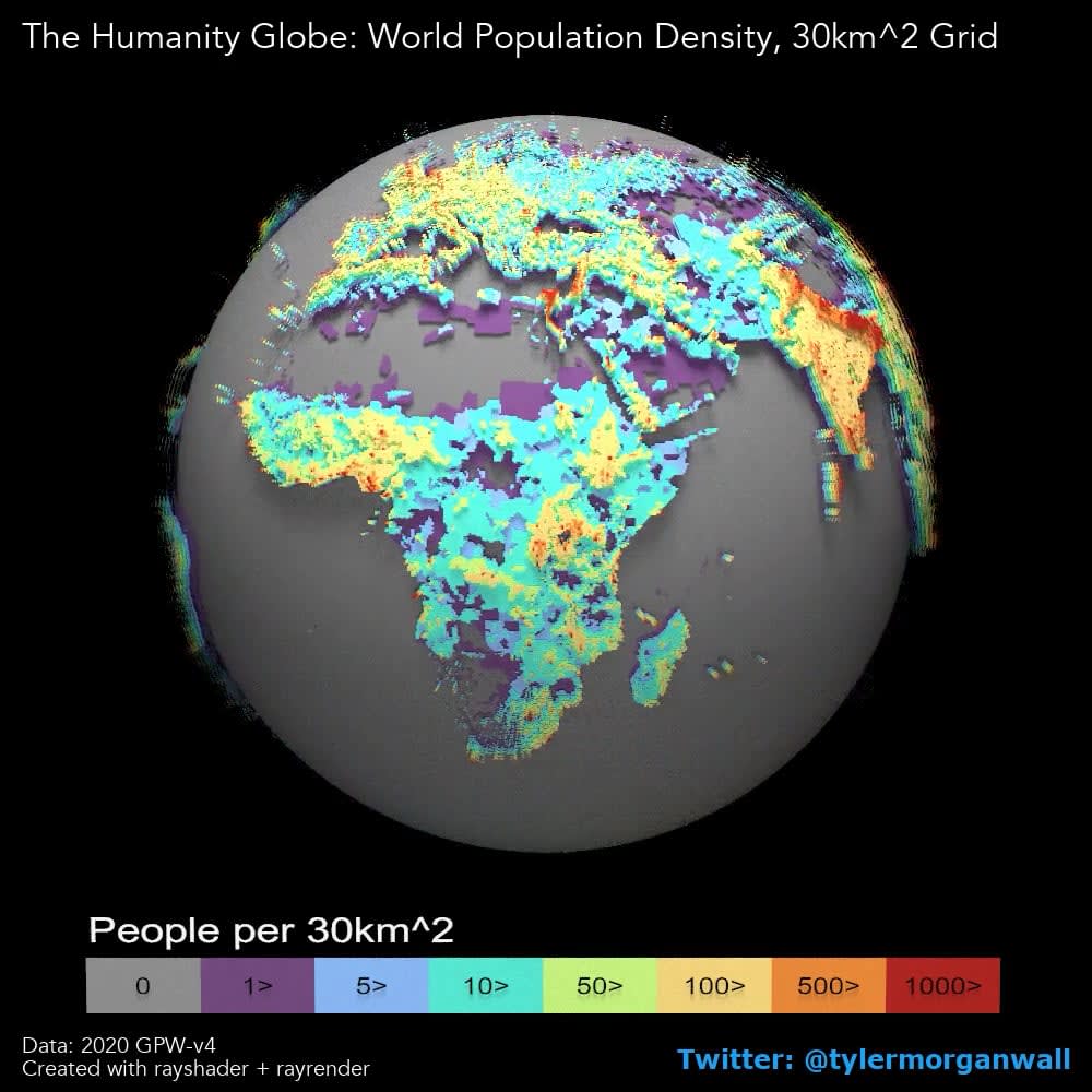 The Humanity Globe: World Population Density per 30km^2