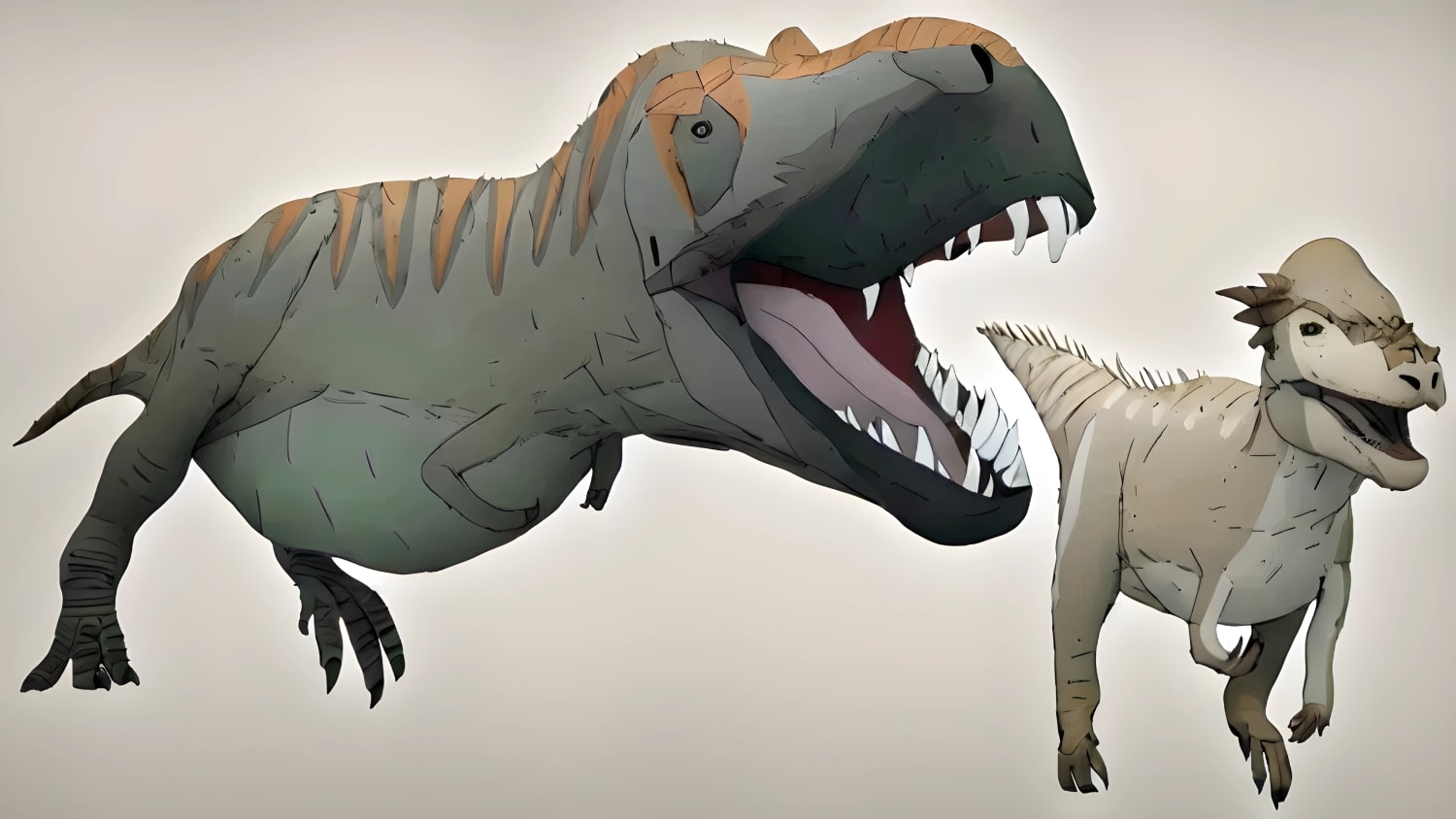 Tyrannosaurus Rex about to snatch a Pachycephalosaurus.