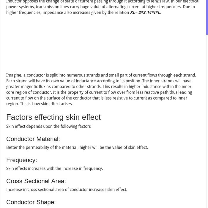 What is electrical skin effect in power system