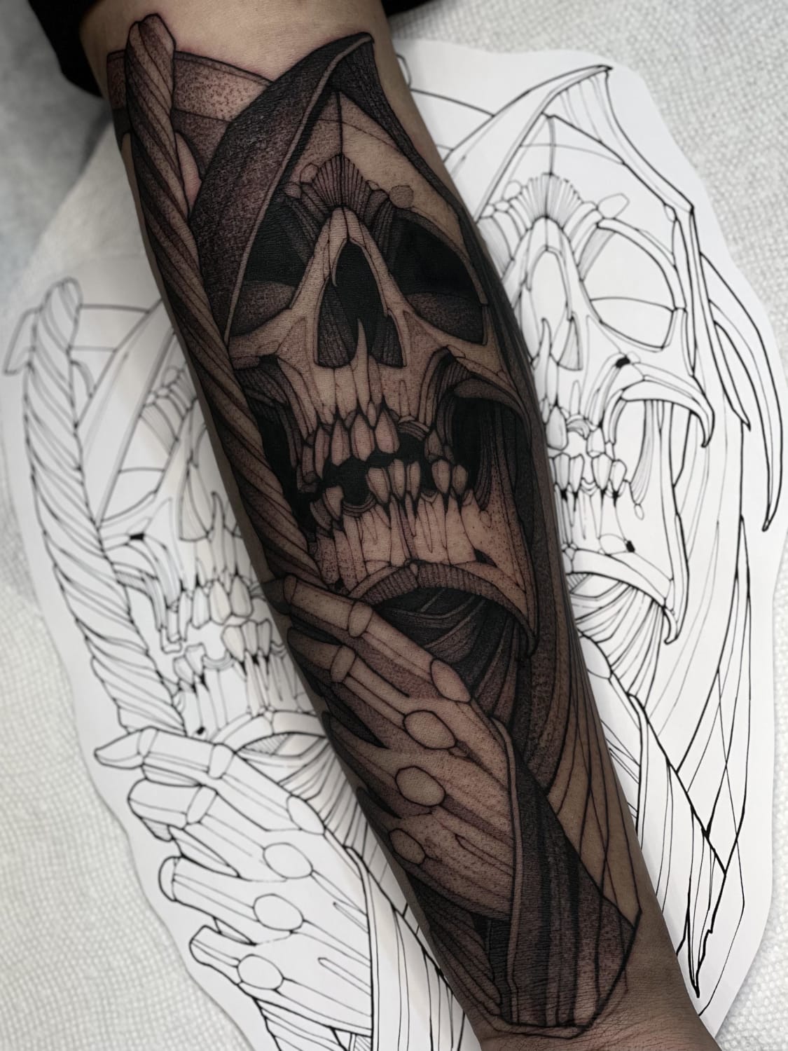 Blackwork reaper done by Max LaCroix at Akara Arts in Milwaukee, WI