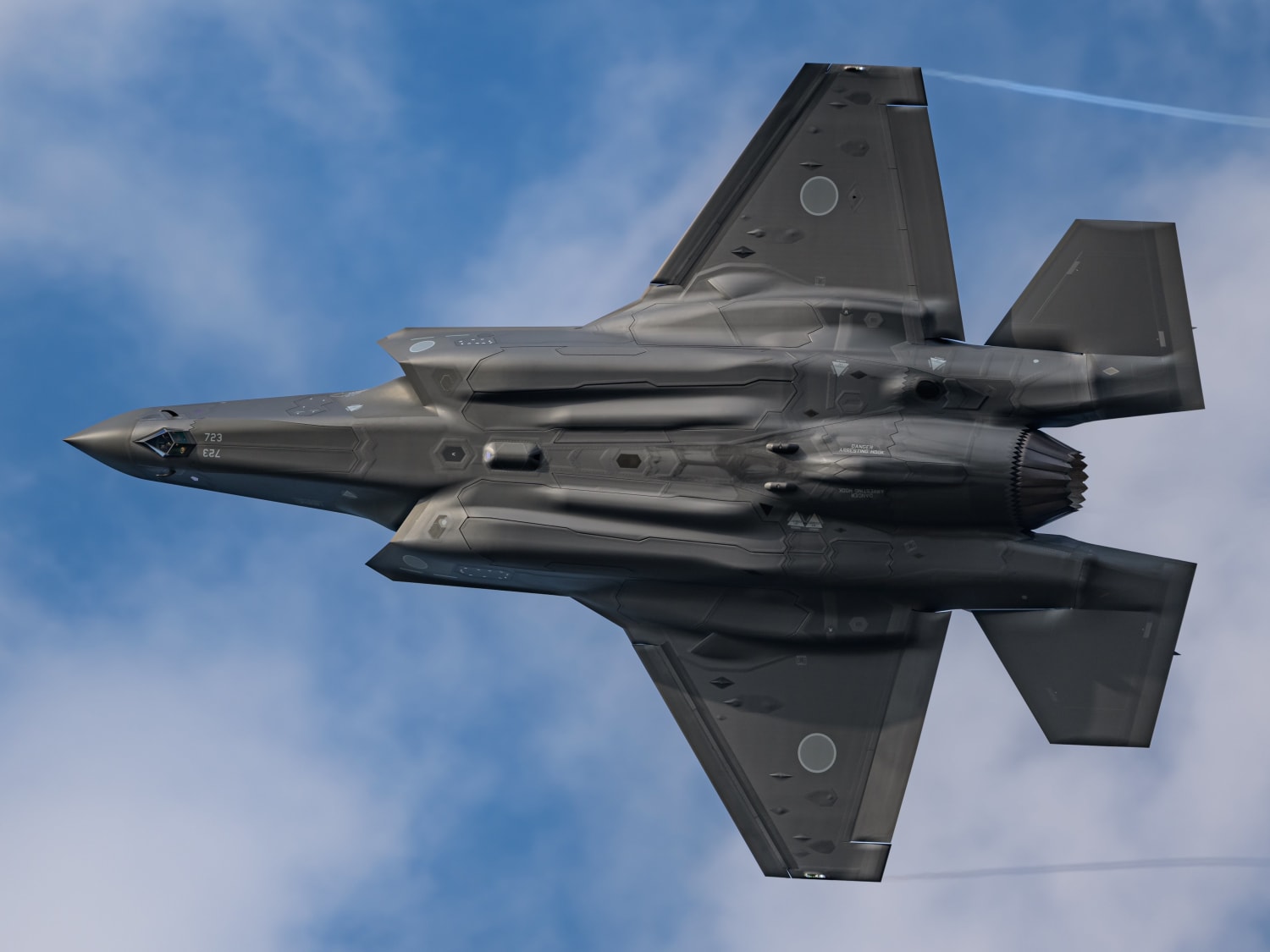 JASDF F-35A Lightning II shows off its sculpted underside.