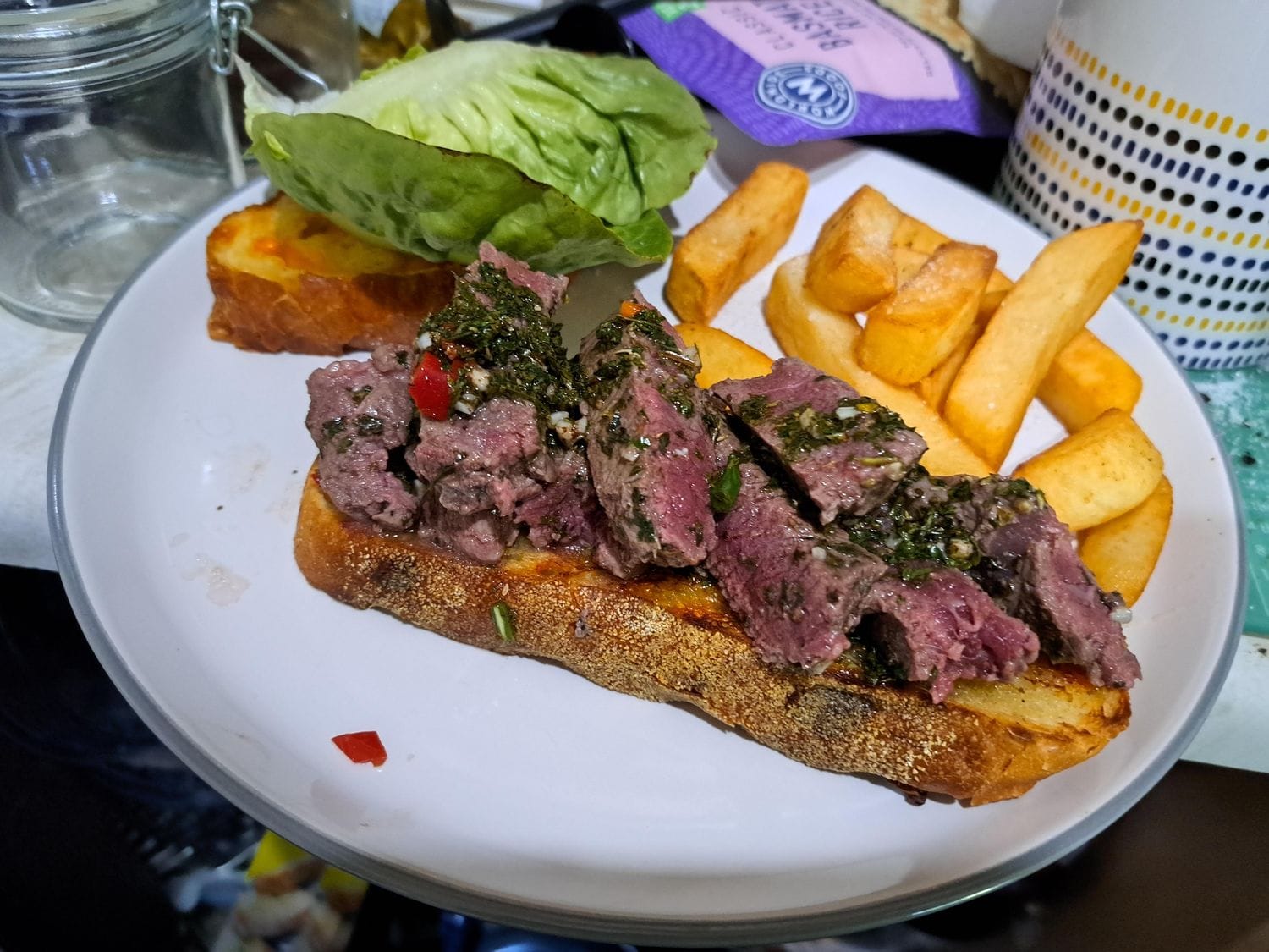 Grilled cheese bloomer bread, homemade chimichuri sauce, steak of the ...