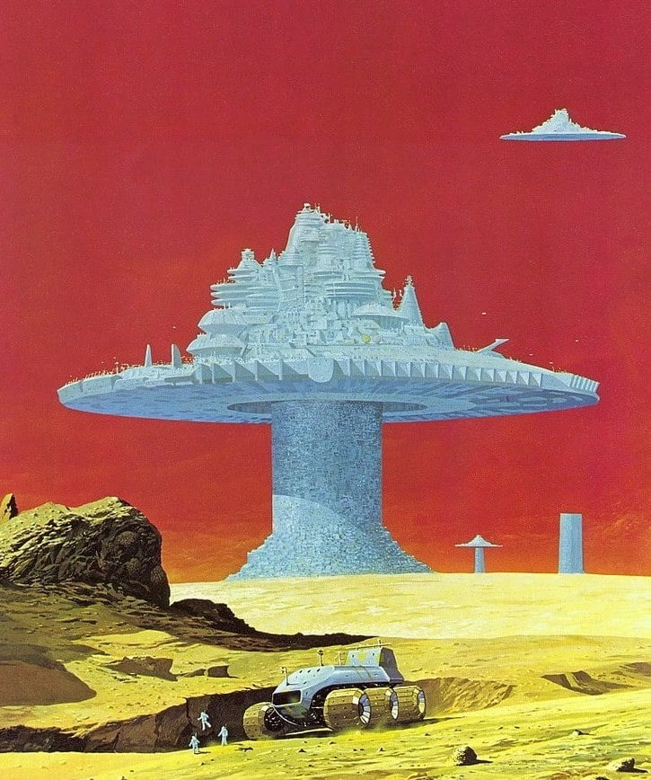 "The City Ships of Alpha." Art by Angus McKie from "Spacecraft 2000 to ...