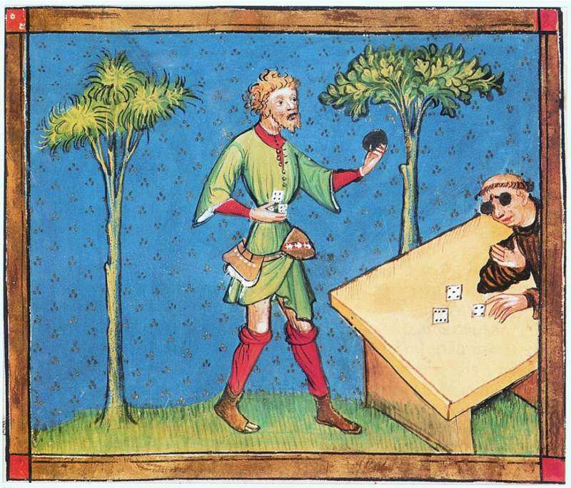A miniature depicting a gambling monk, from the 14th century ...
