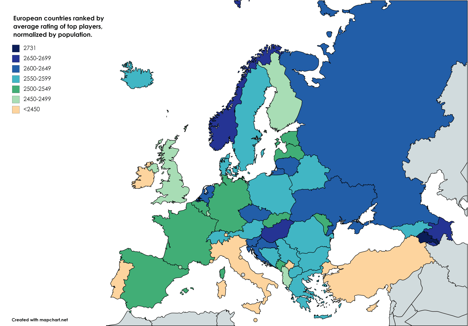 European countries ranked by average rating of top players normalized ...