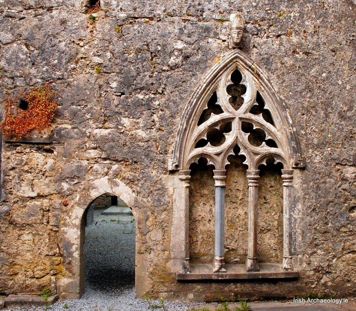 An ornate medieval sedilia at Kilfenora cathedral, Co. Clare. It ...
