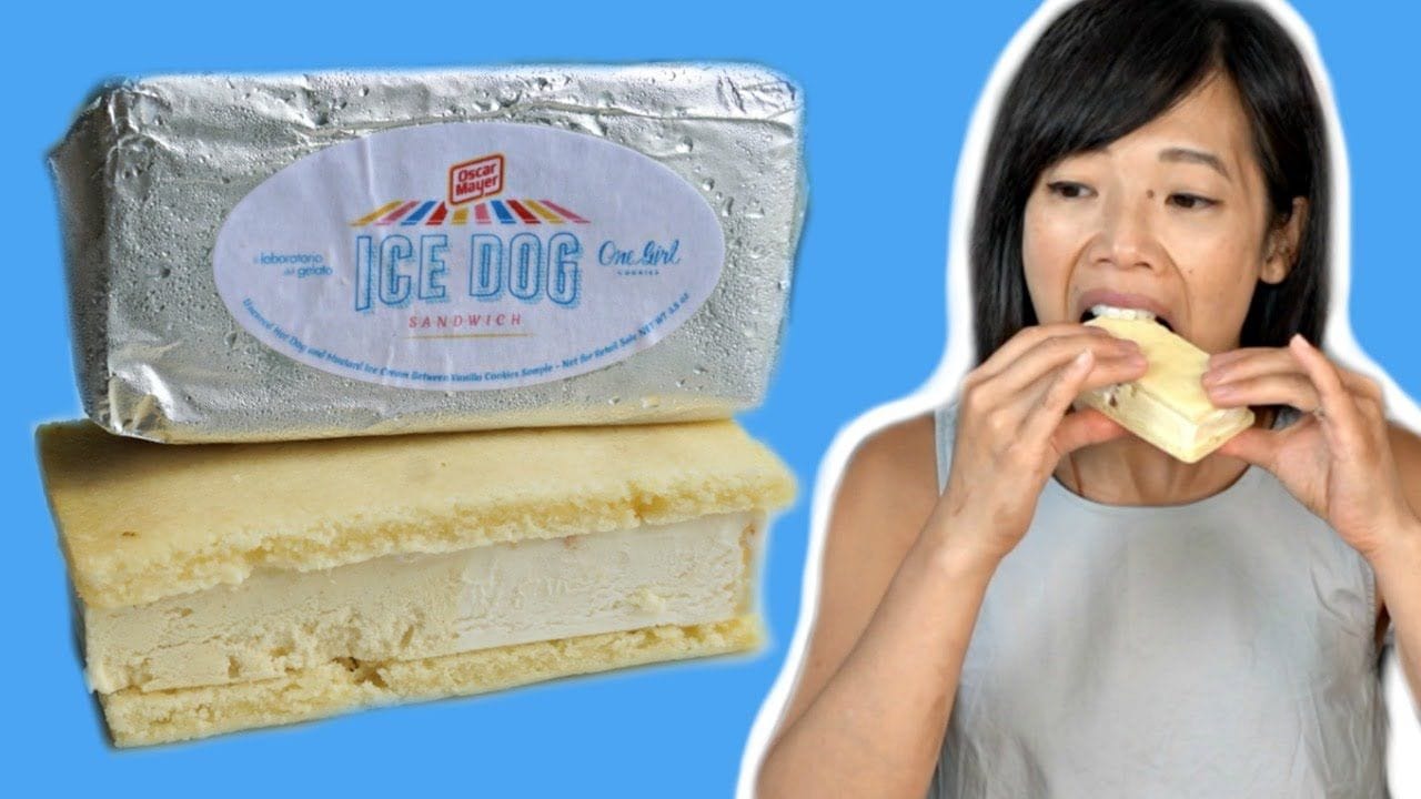 HOT DOG & Mustard ICE CREAM SANDWICH -- Oscar Mayer's Ice Dog vs. DIY ...