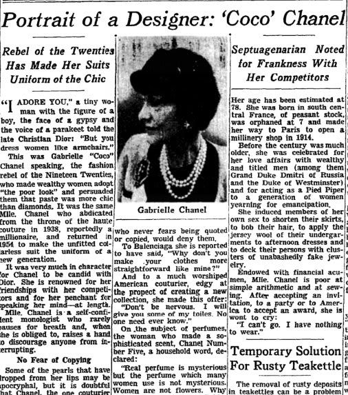 Designer Coco Chanel was born this day in 1883. In 1961 The Times ...