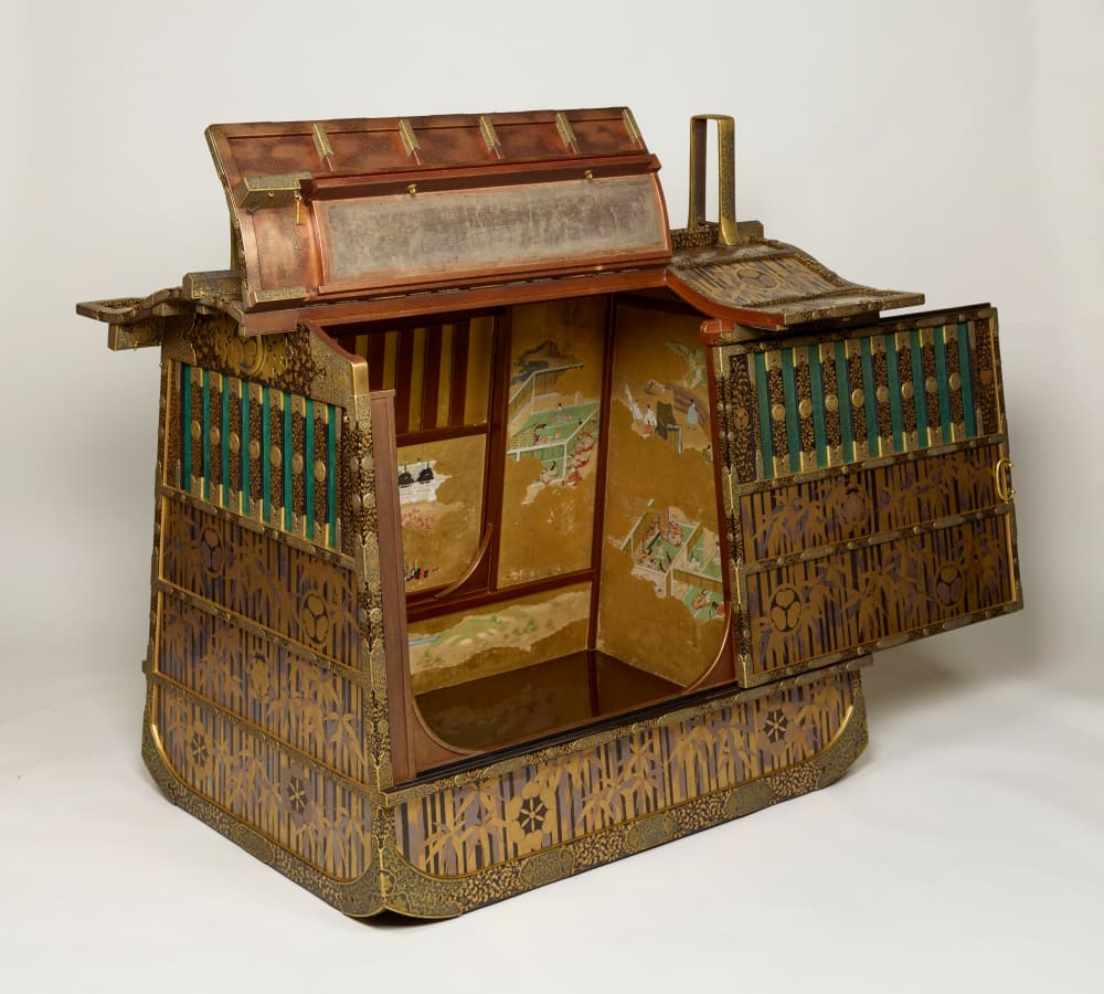 Palanquin seat with painted interior and bamboo decor in gold lacquer ...