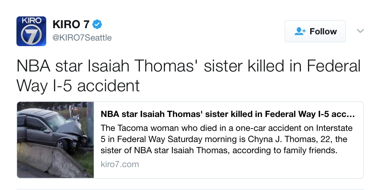 Very sad news. Prayers out to Isaiah Thomas and his family. Isaiah ...