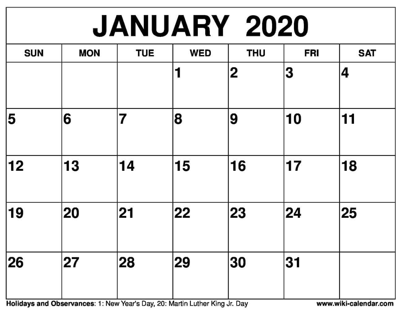 Free Printable January 2020 Calendar - Wiki-Calendar.Com