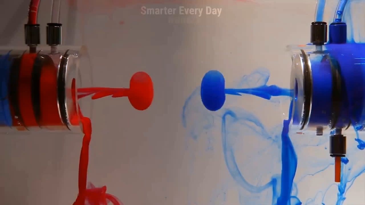 Collision of two vortex rings with slow motion