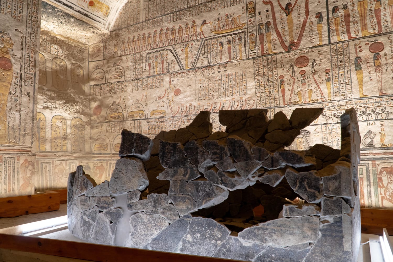 The reconstructed remains of the shattered outer sarcophagus of ...