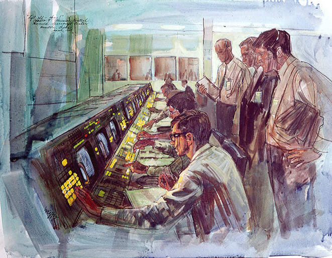 Inside launch control during the liftoff of Apollo 9 on March 3, 1969 ...