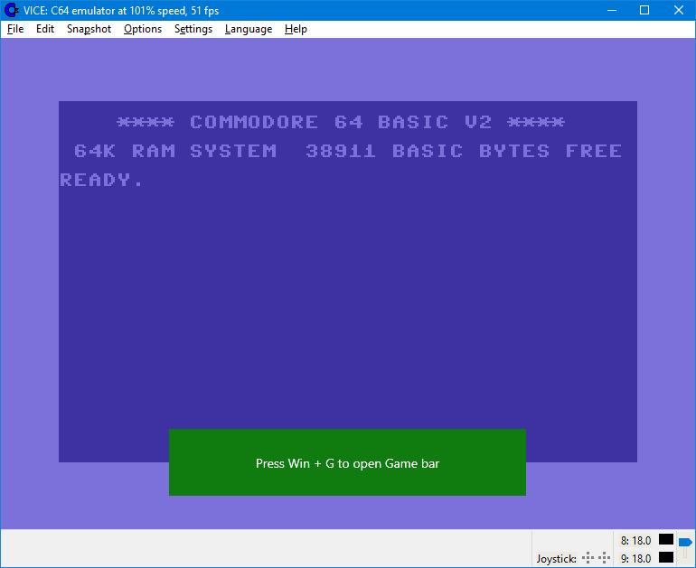 when i open up the commodore 64 emulator windows 10 suggests i open the game bar.