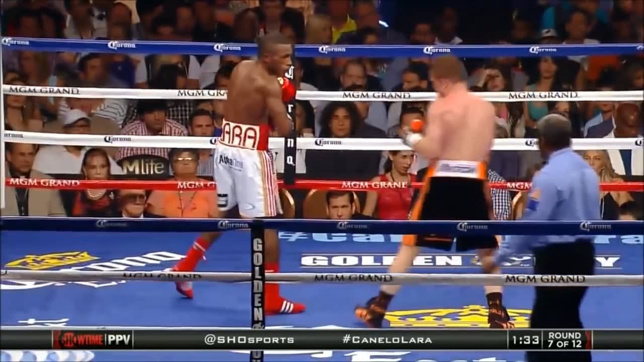 Canelo lands his signature feint right hand into left uppercut on Lara ...