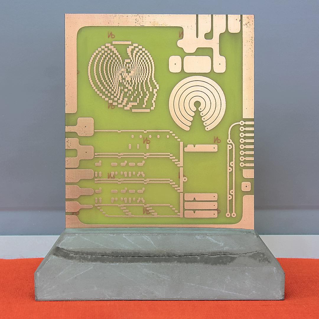 “Circuit Digest 1”, printed circuit board, concrete. On view in the ...