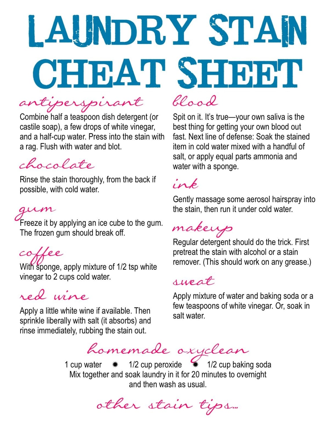 Stain Removing Cheat Sheets | Helpful Hints, Cleaners Homemade, Clean House