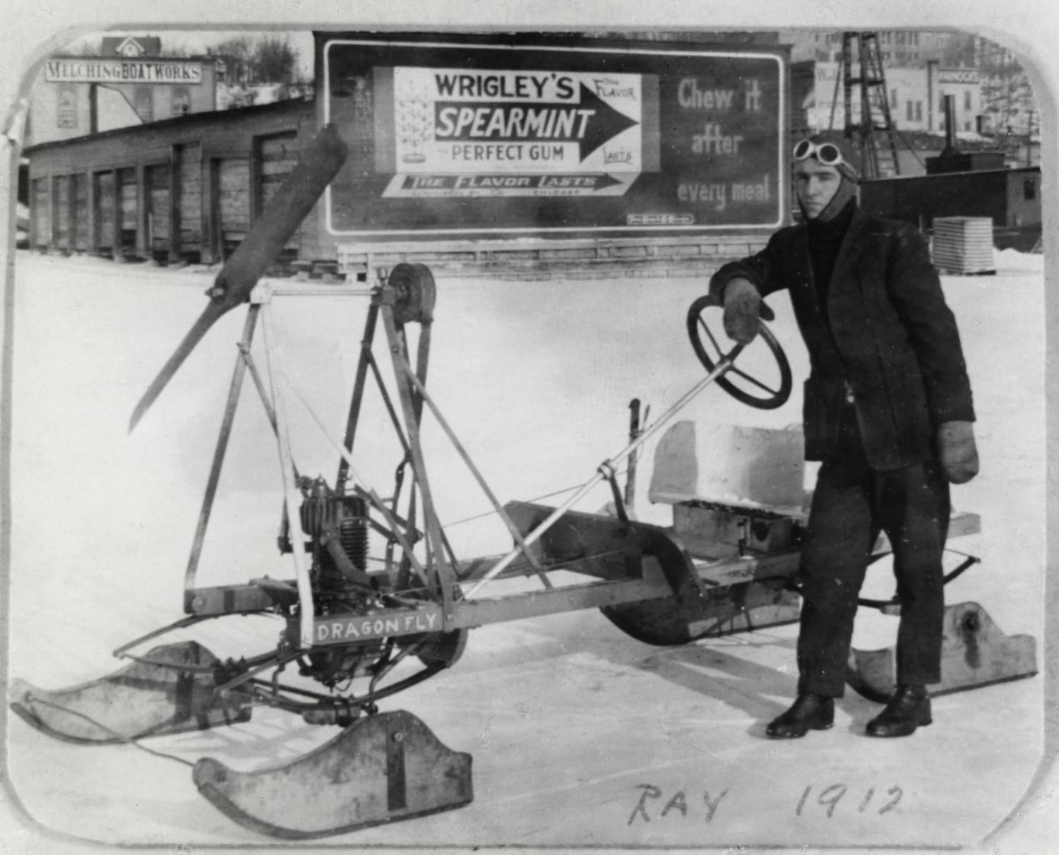 Ray Freeman and his Homemade Propellor Ice Sled in 1912