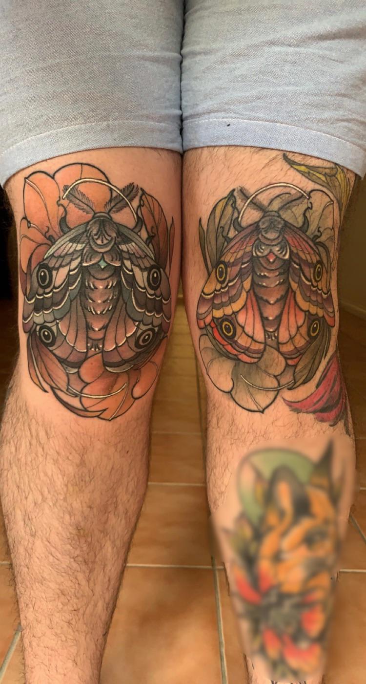 Double knee moths by Samantha Sirianna, La Flor Sagrada Tattoo, Melbourne, Australia