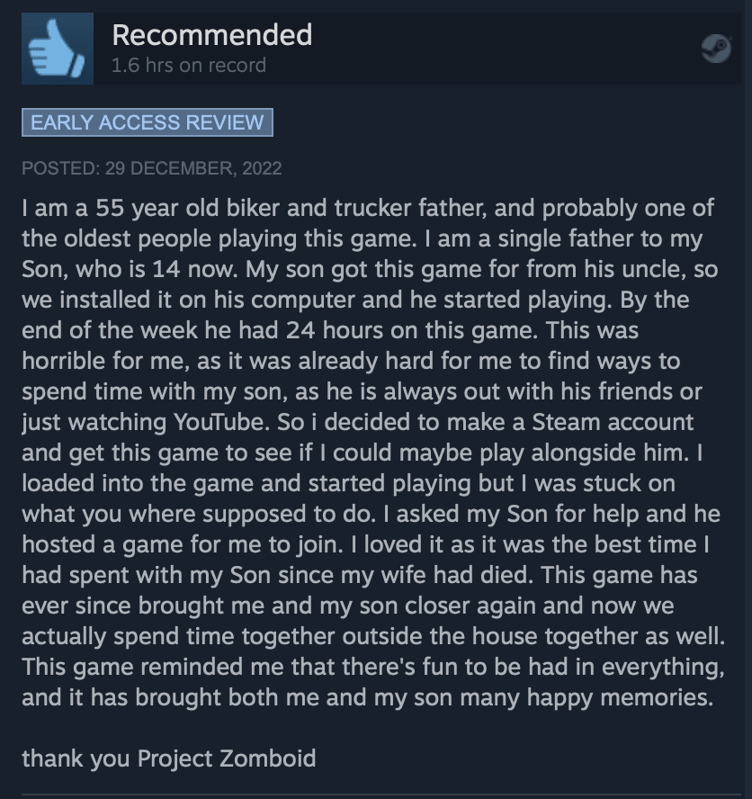 This Steam review for Project Zomboid is super-wholesome
