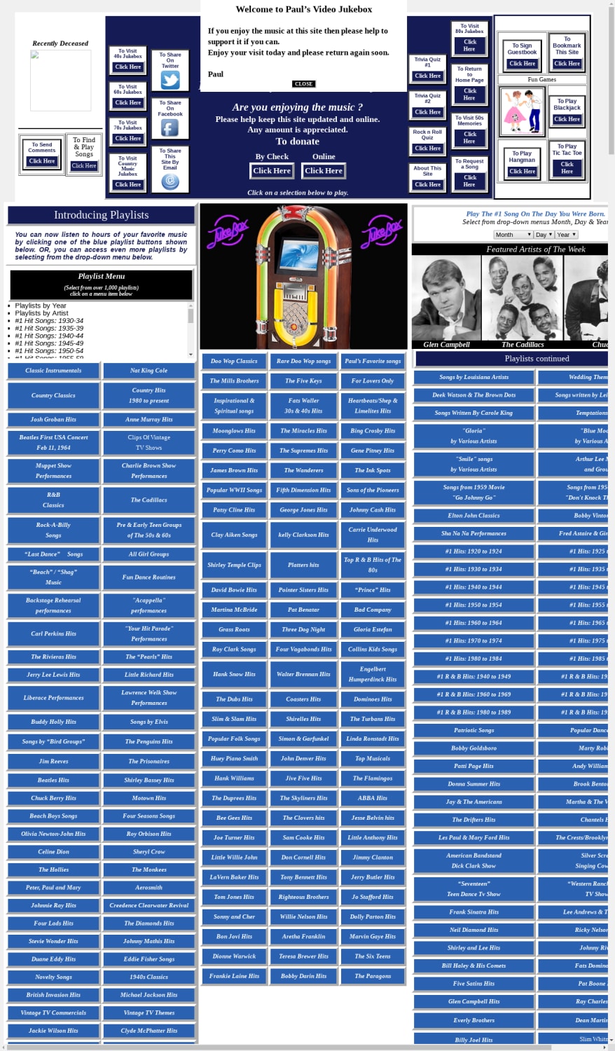 Paul's Video Jukebox contains songs from the 40s, 50s, 60s, 70s and 80s ...